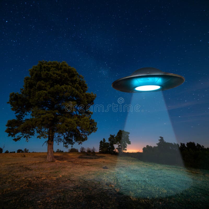 Night Sky with UFO Glowing Above Tree, Subtle Light Hints at Celestial ...