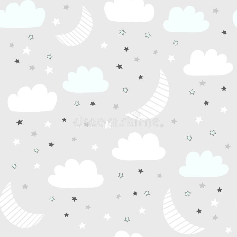 Night Sky Pattern. Cute Smiling Moon, Stars, Clouds Seamless Background ...