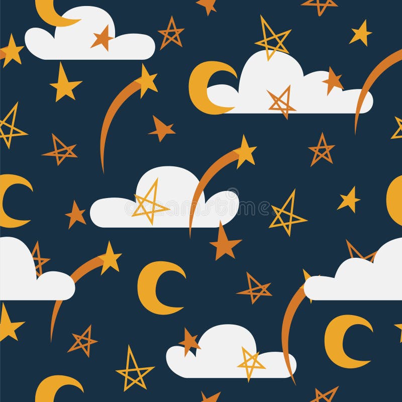 Night Sky Vector Seamless Pattern with Stars, Clouds and Moon Stock ...