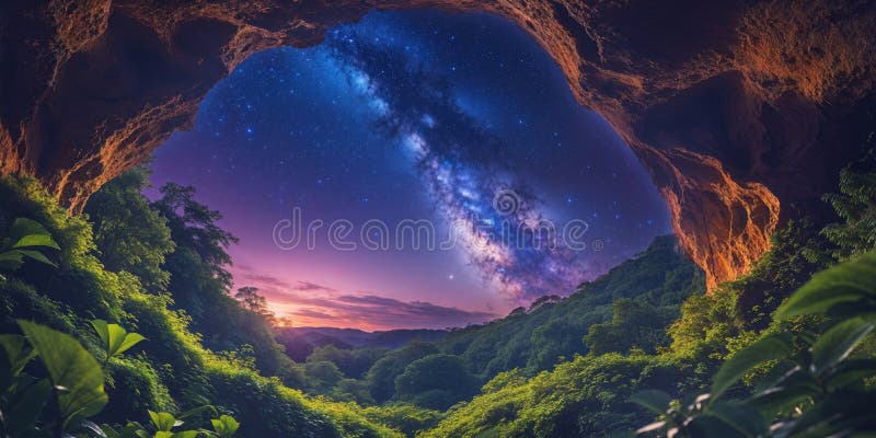 Night Sky View from a Cave Opening Lush Greenery Starry Night Peaceful ...