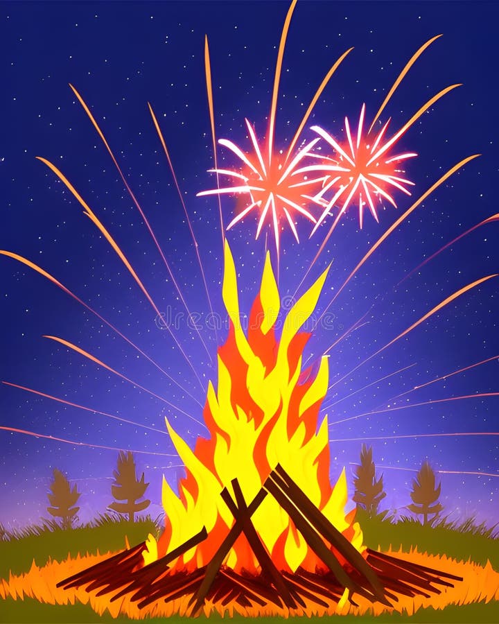 Night Sky View with Fire and Fireworks Stock Illustration ...