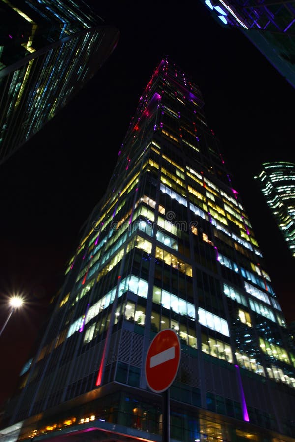 Night Skyscraper and Stop Sign. Stock Photo - Image of clerk ...