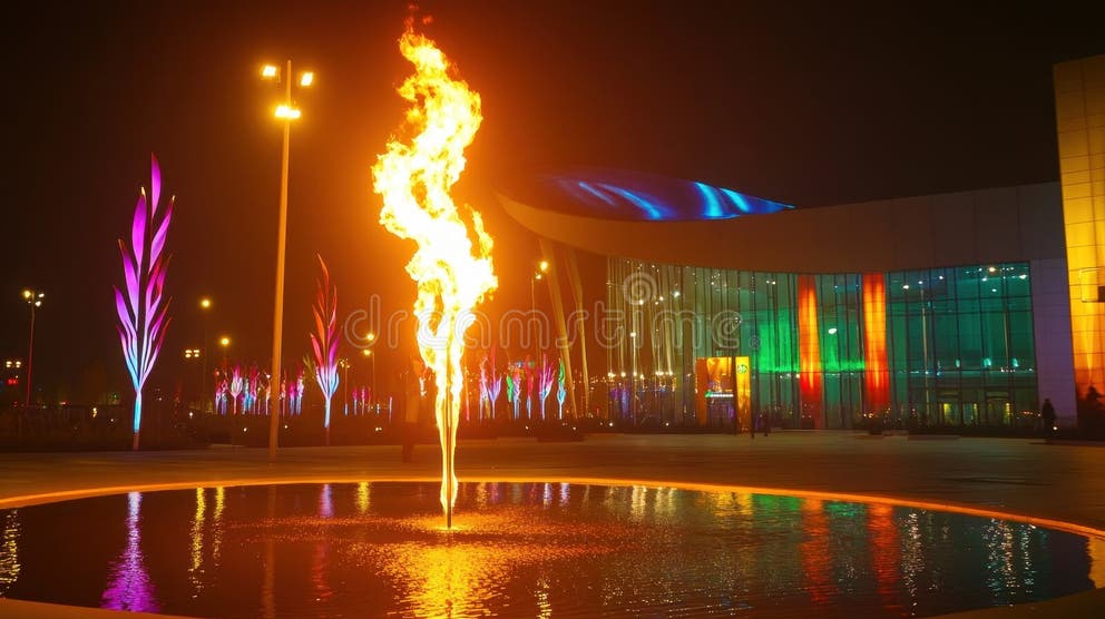 Night Spectacle Olympic Flame Reflection Colorful Architecture with a ...