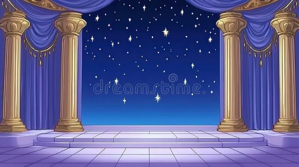 Night Stage, Pillars, Purple Drapes, Starry Backdrop, Event Stock Image ...