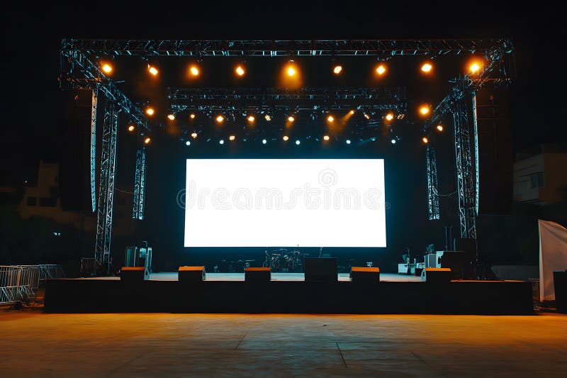 Night Stage Setup with Blank Screen and Lighting Illustration Stock ...
