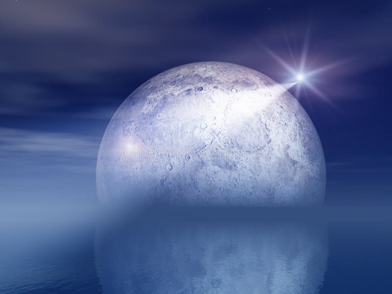 Night Star and Moon Over Sea Stock Illustration - Illustration of ...