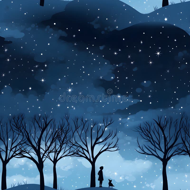 Night Starlit Silhouettes in the Forest with Seamless Pattern Stock ...