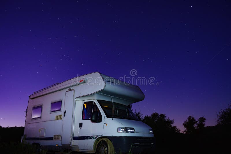 Night Starry Sky and Camper Rv Stock Image - Image of nature, holidays ...