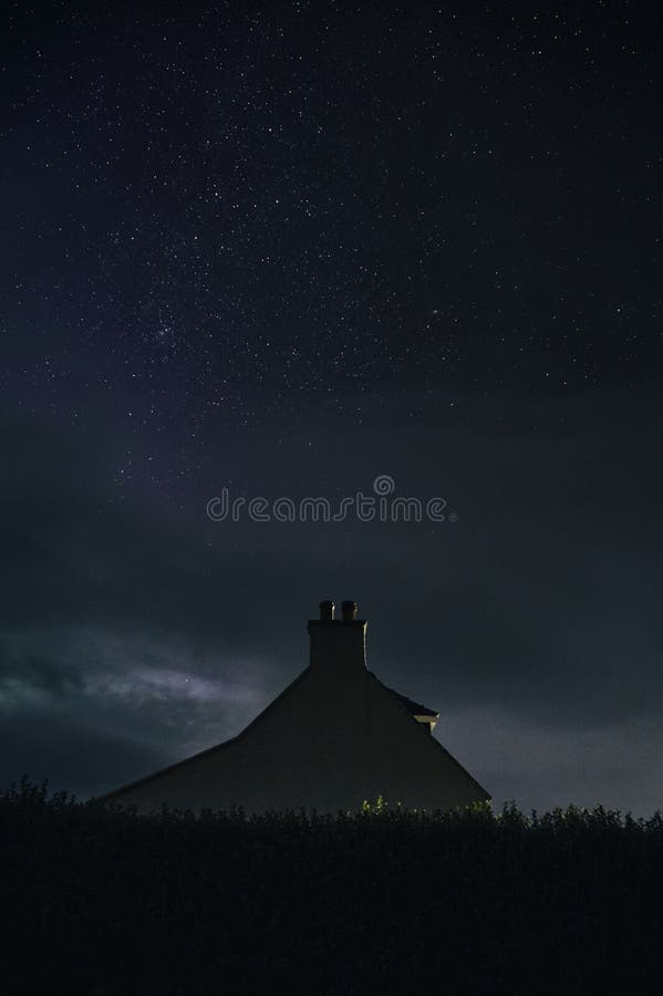The Night Starry Sky and a Lonely House Stock Image - Image of ...
