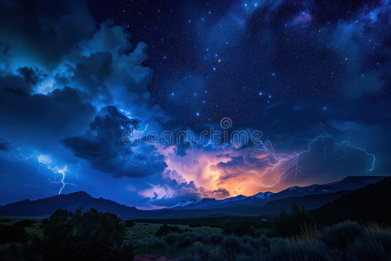 At Night, Starry Sky is Reflected in Mountains Lit by Bright Lightning ...