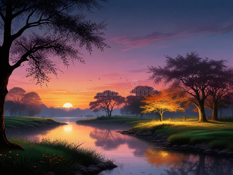 Evening Scenery Drawing Night Starry Sky Tree Stock Illustration ...