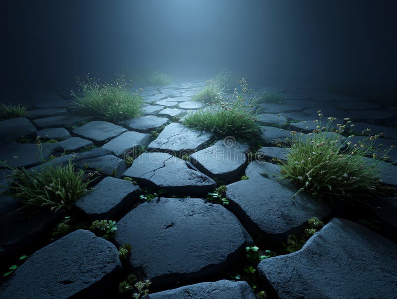 Night Stone Path with Growing Grass and Plants Stock Photo - Image of ...