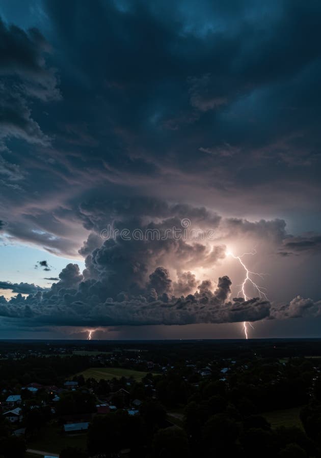 Night Storm Landscape with Dramatic Lightning Stock Illustration ...