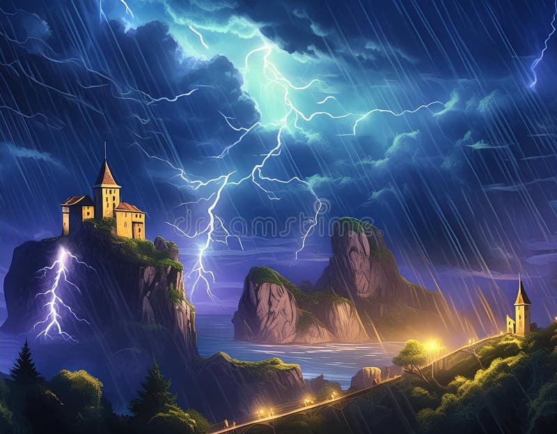 Night Storm and Lightning in the Clouds. Digital Art Stock Illustration ...