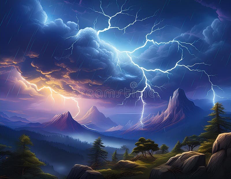 Night Storm and Lightning in the Clouds. Digital Art Stock Illustration ...