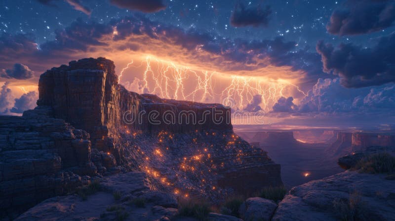 Night Storm Over Canyon Landscape with Lightning Stock Illustration ...