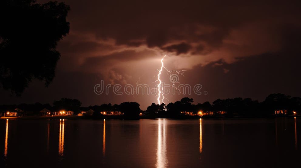 Night Storm Over Lake with Lightning Reflection Stock Illustration - Illustration of landscape ...
