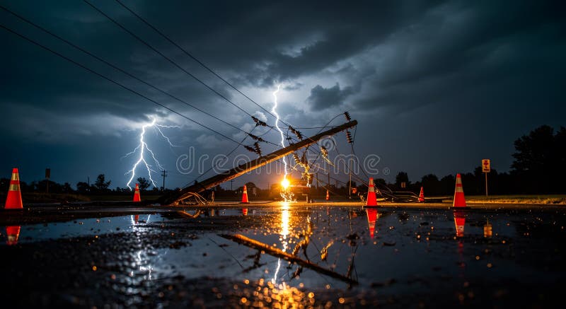 Night Storm Power Line Damage Reflection in Puddle Dramatic Lightning ...