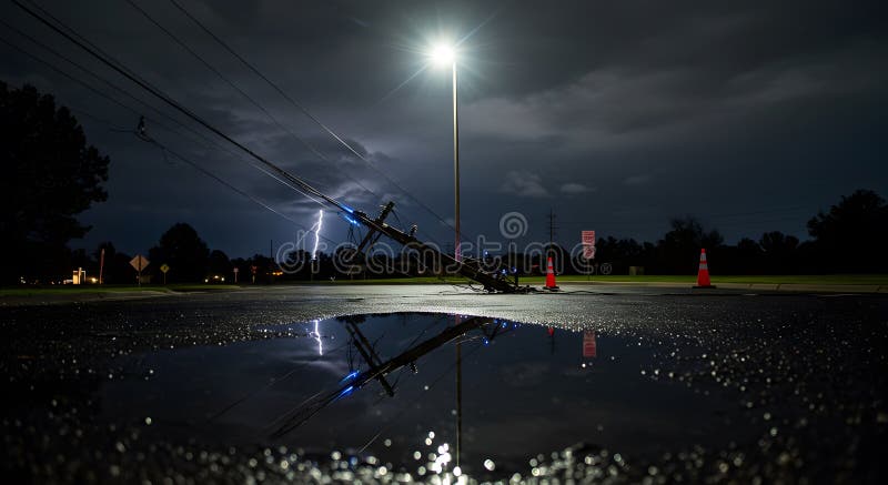 Night Storm Powerline Down: Lightning Strikes and Reflection in Puddle ...