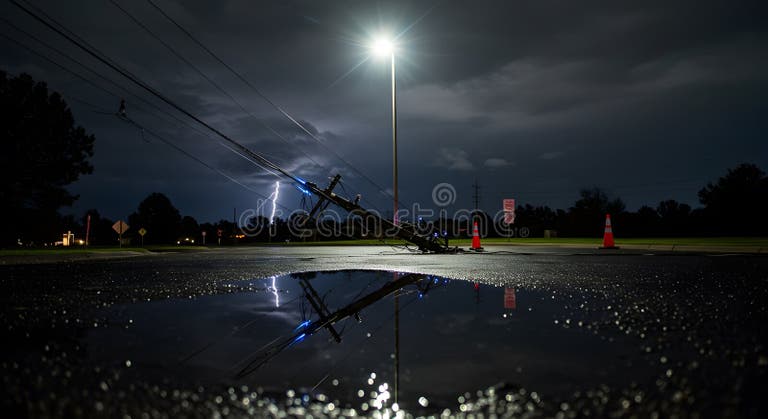 Night Storm Powerline Down: Lightning Strikes and Reflection in Puddle ...