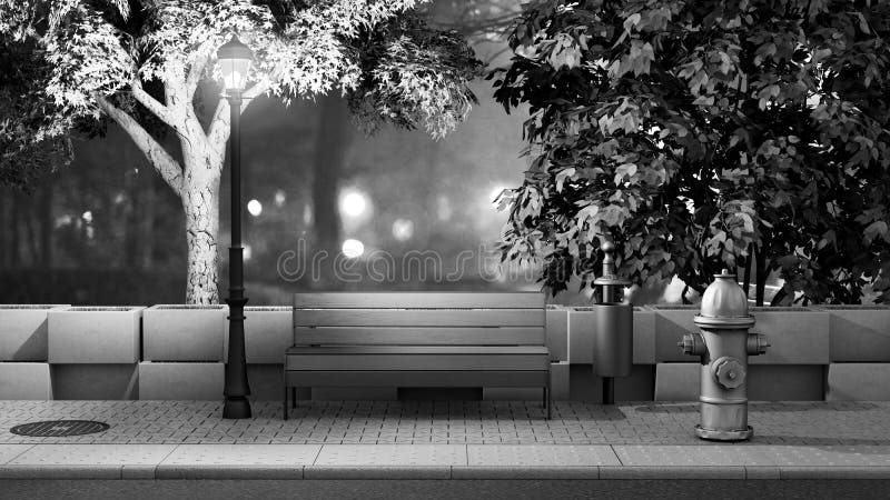 Night Street Background Bench On The Sidewalk 3d Render Image Stock ...