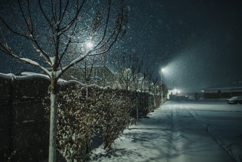 Night Street in Winter Snowstorm Stock Photo - Image of house, frost ...