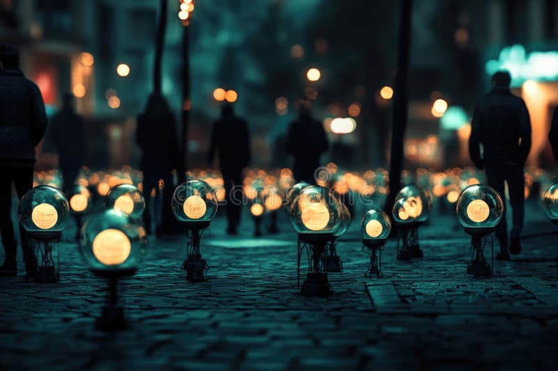 Night Street with Glowing Light Orbs and Silhouettes Walking Along ...