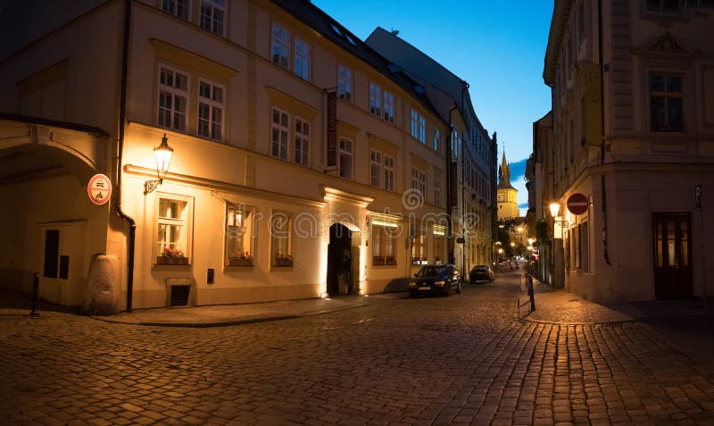Night Street of Old Prague Under the Light of Lanterns Stock Image ...