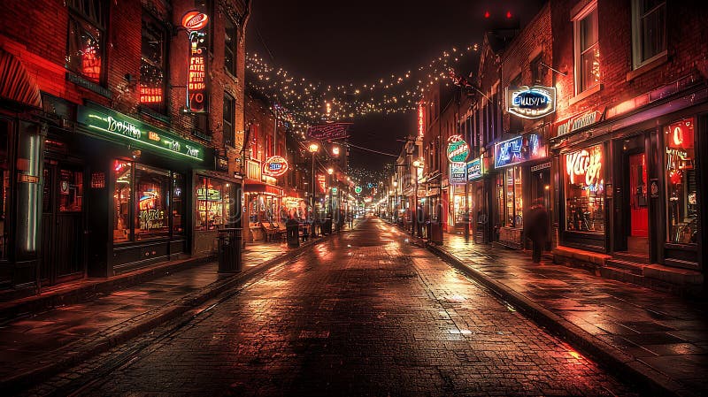 Night Street Scene with Illuminated Shops and Pedestrians Stock ...