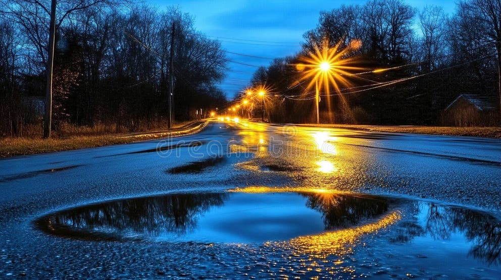 Night Street Scene with Reflection in a Puddle Stock Photo - Image of ...