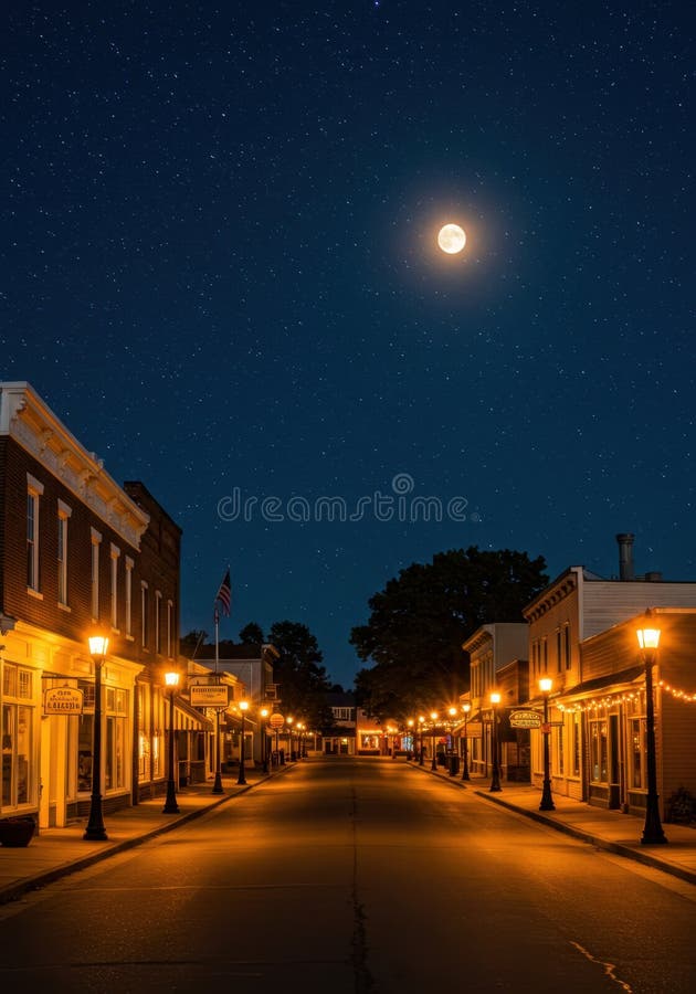 Night Street Scene in Small Town Under Starlit Sky Stock Image - Image ...