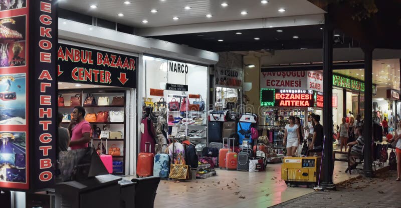 Night street with shops editorial stock photo. Image of beauty - 60842348