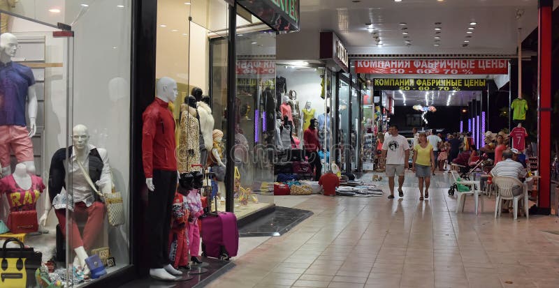 Night street with shops editorial stock image. Image of construction ...