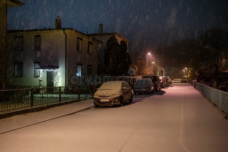 Night Street of a Snowy German City Stock Image - Image of christmas ...