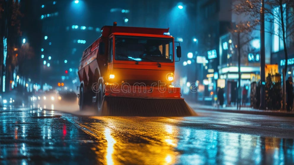 Night Street Sweeper Vehicle Stock Illustration - Illustration of ...
