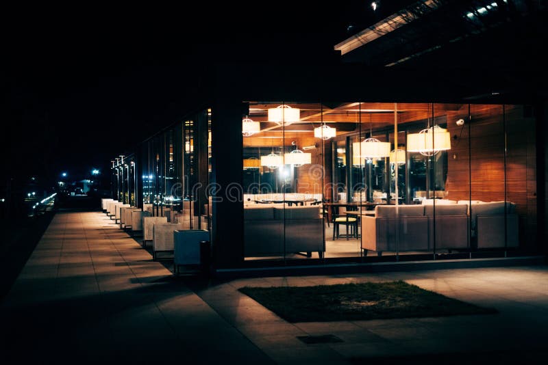 Night Street with a View on Restaurant Stock Photo - Image of classic ...