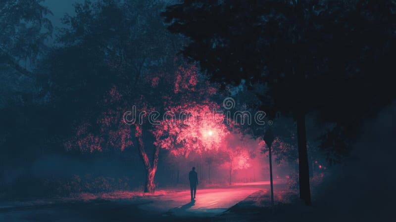 Night Stroll, Pink Mist, Silhouette, Trees Stock Illustration ...