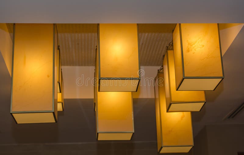 Night Stylish Modern, Rectangular Warm Lights Hanging Out from Ceiling ...