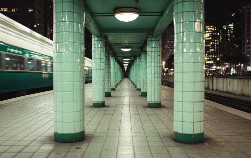 Night Subway Platform with Teal Pillars Stock Illustration ...