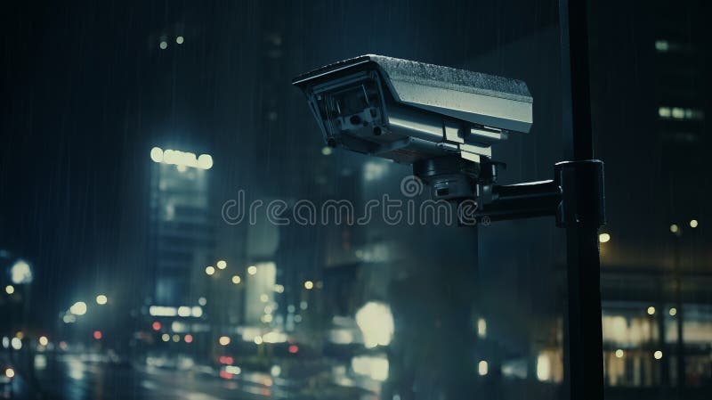 A Night Surveillance Camera on a Pole in an Urban Setting Stock Image ...