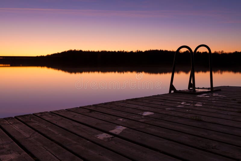 Night Swim Dock and Calm Lake at Twilight Stock Image - Image of empty ...
