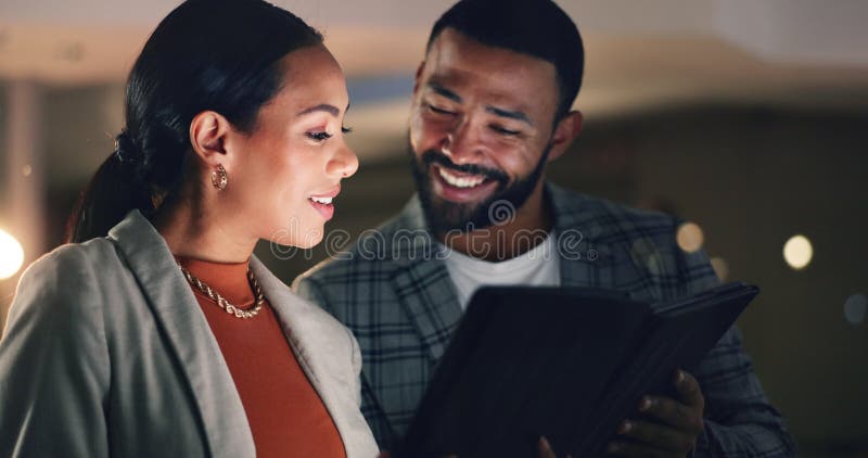 Night, Tablet and Business People with Discussion and Conversation for ...