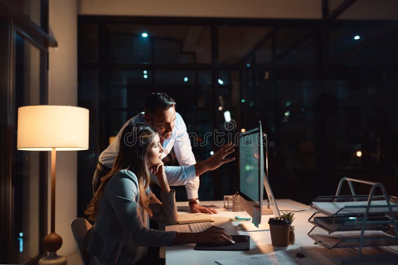 Night, Talking or Business People on Computer for Coaching in Office ...