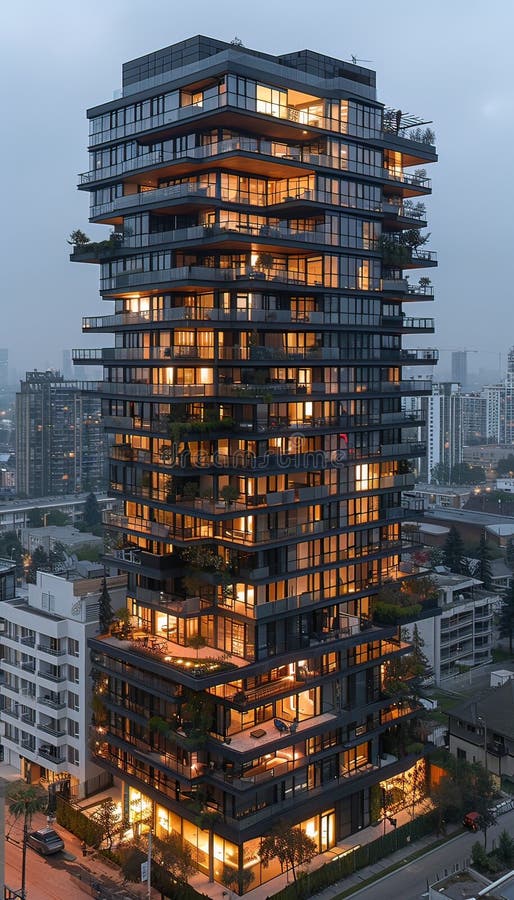 During the Night, a Tall Building with Numerous Windows is Brightly ...