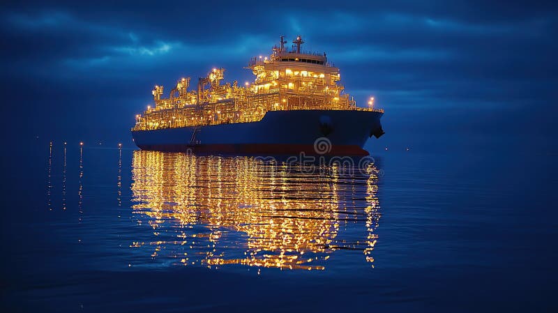 Night Tanker Ship at Sea, Lights Reflecting, Stormy Clouds Stock Photo ...