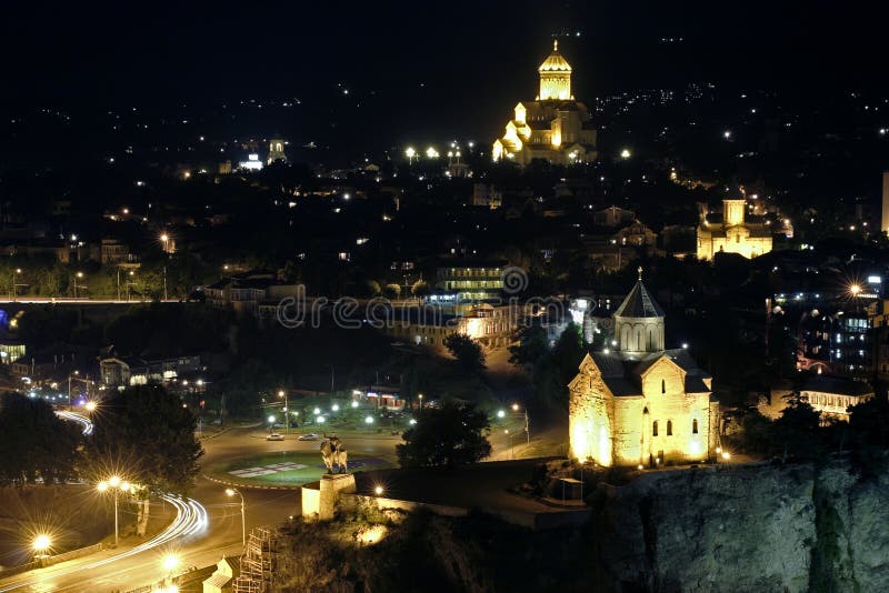 Night Tbilisi. Metekhi and Sameba Churches. Stock Image - Image of ...