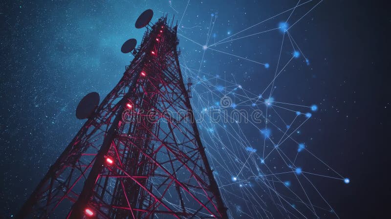 Night Telecommunication Tower with Digital Network Connections Stock ...