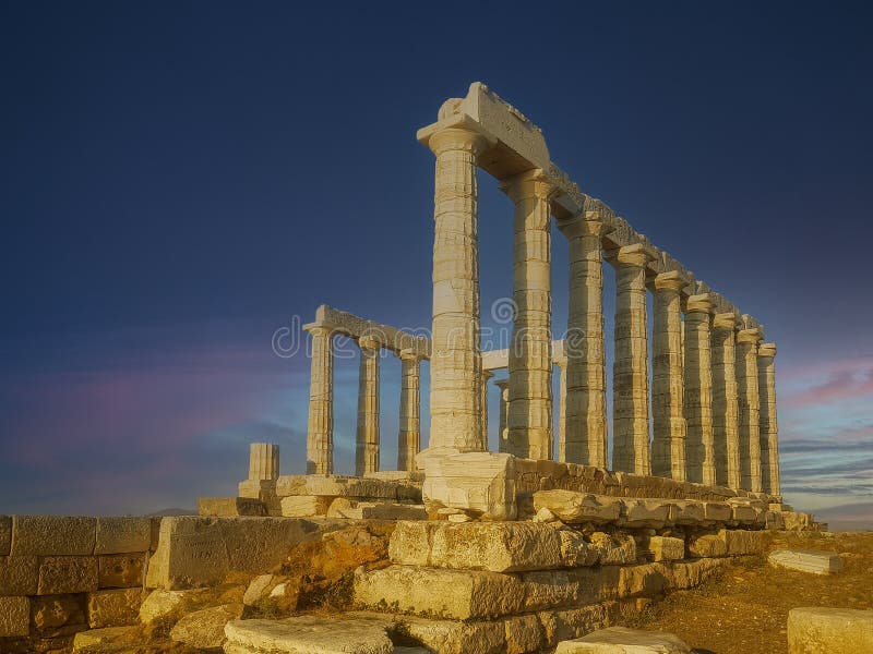Night at the Temple of Poseidon in Greece. Stock Photo - Image of ...