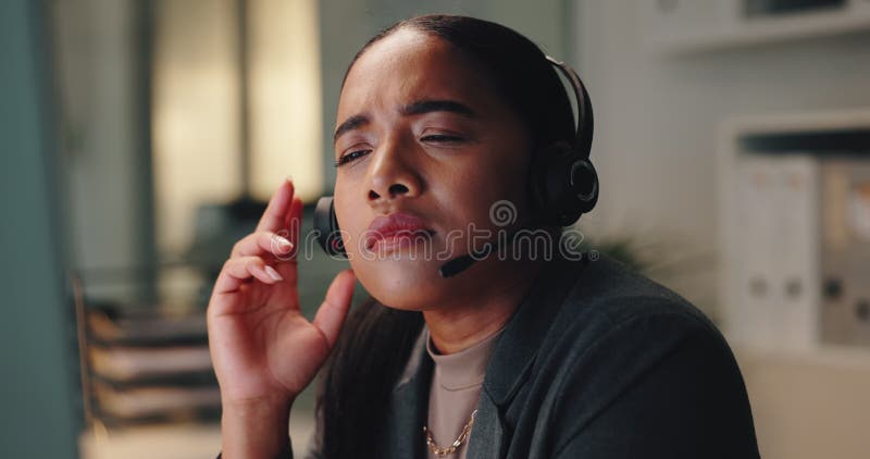 Night, Thinking and Call Center with Woman, Computer and Help Desk with ...