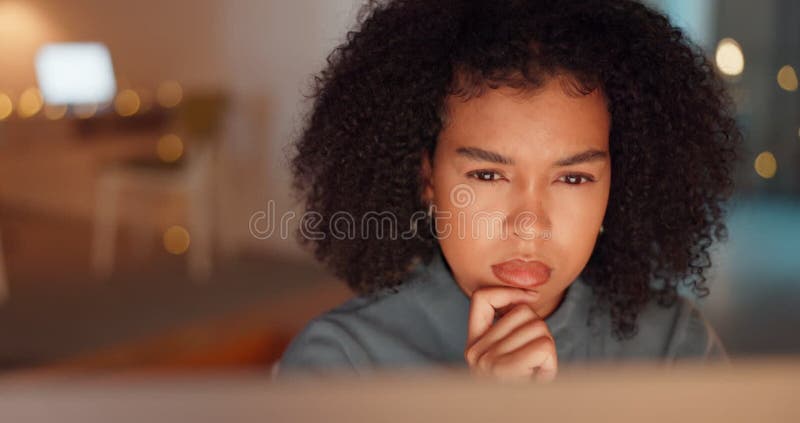 Night, Thinking and Computer with Black Woman in Office for Research ...